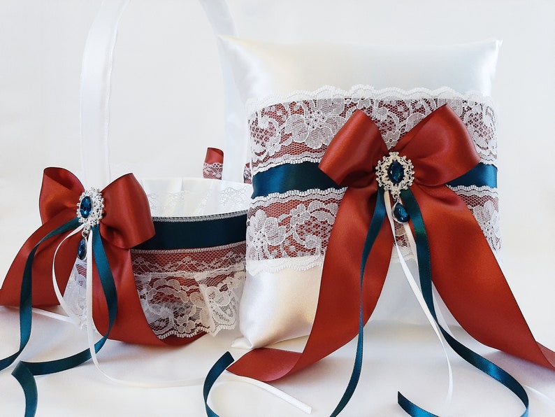 Rust and Teal Wedding Set Flower Girl Basket and Ring Bearer - Etsy