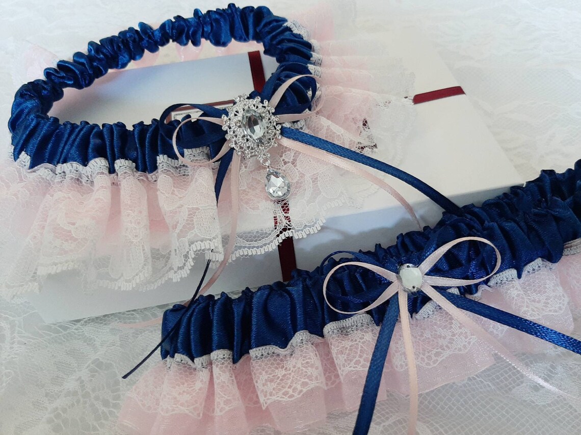 Navy Blue Pink Wedding Garter Set Bridal Garter Set Bridal | Etsy