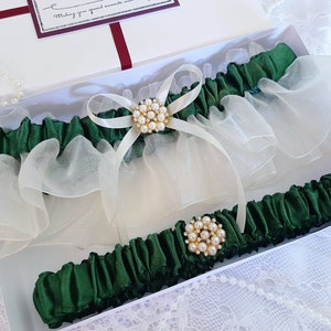 Emerald Dark Green Wedding Garter Set, Ivory Organza Bridal Garter Set ...
