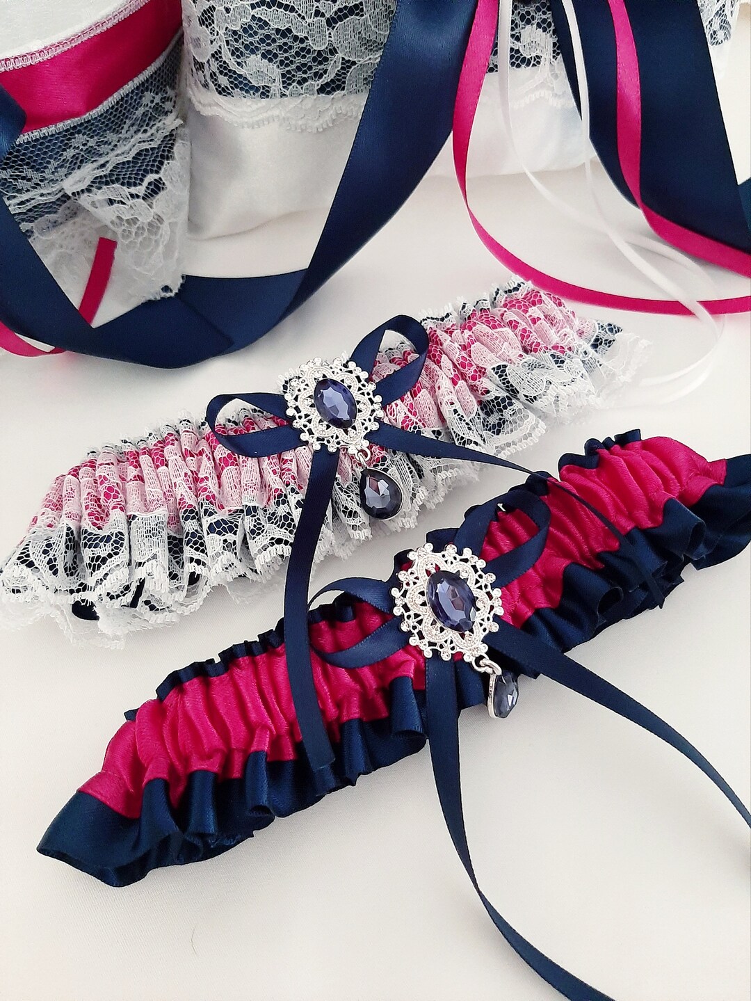 Garter, Garter Belt, Garter for Bride, Navy Blue and Fuchsia Bridal ...