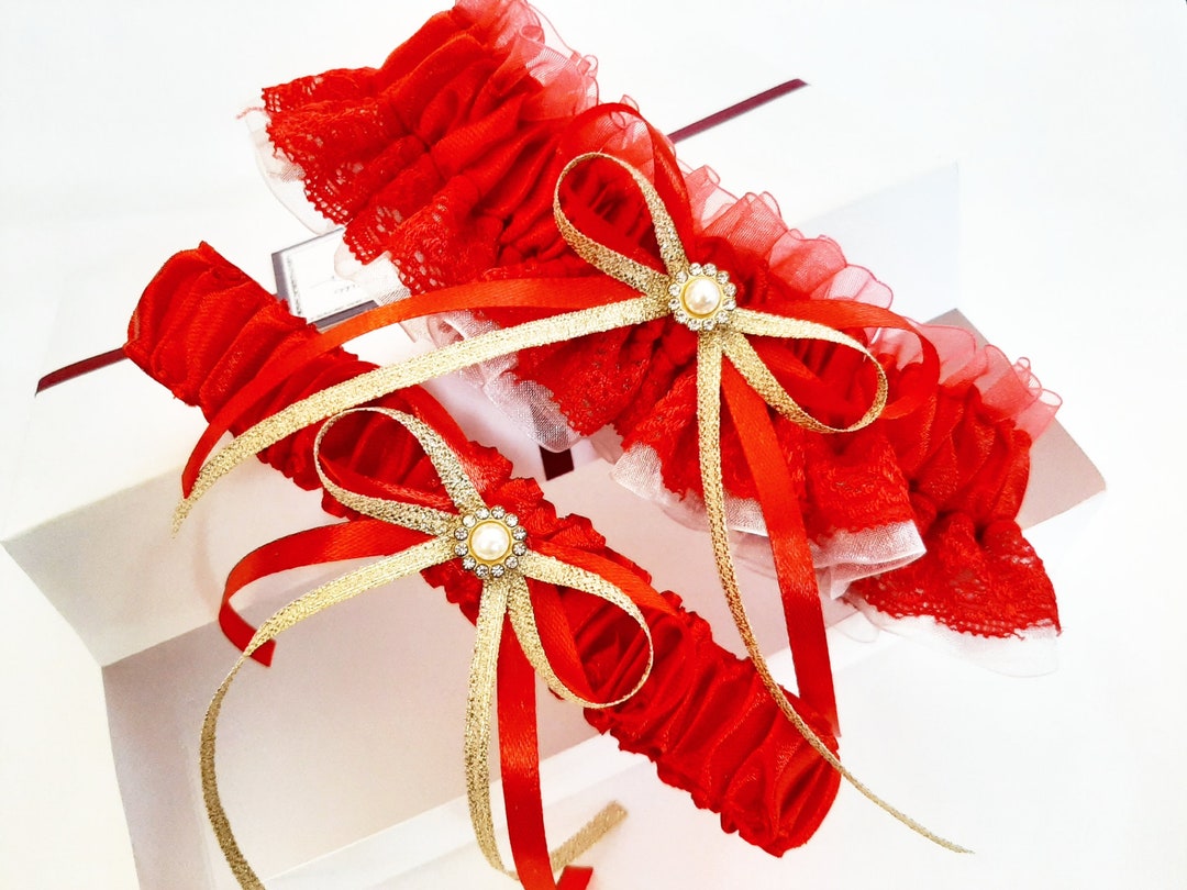 Red and Gold Wedding Garter Set, Lace Bridal Garter, Red Garter, Garter ...