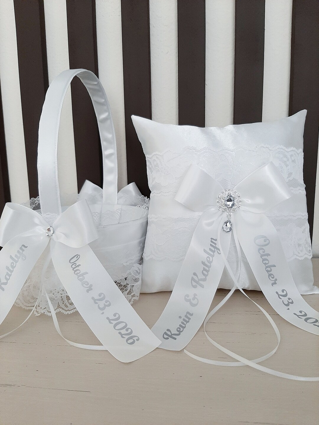 Flower Girl Basket and Ring Bearer Set, White Wedding Basket, White ...
