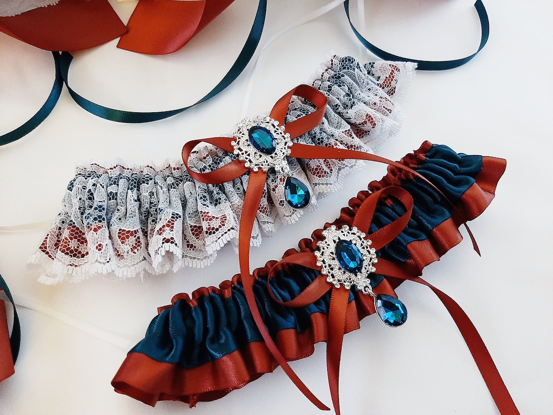 Garters for Wedding, Rust and Teal Bridal Garters, Wedding Garter Set ...