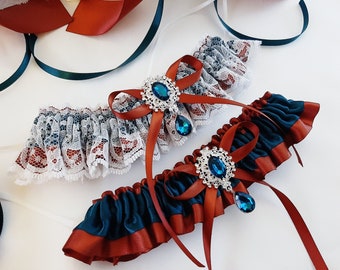 Teal and Burnt Orange Wedding Bridal Leg Garter Set - Etsy
