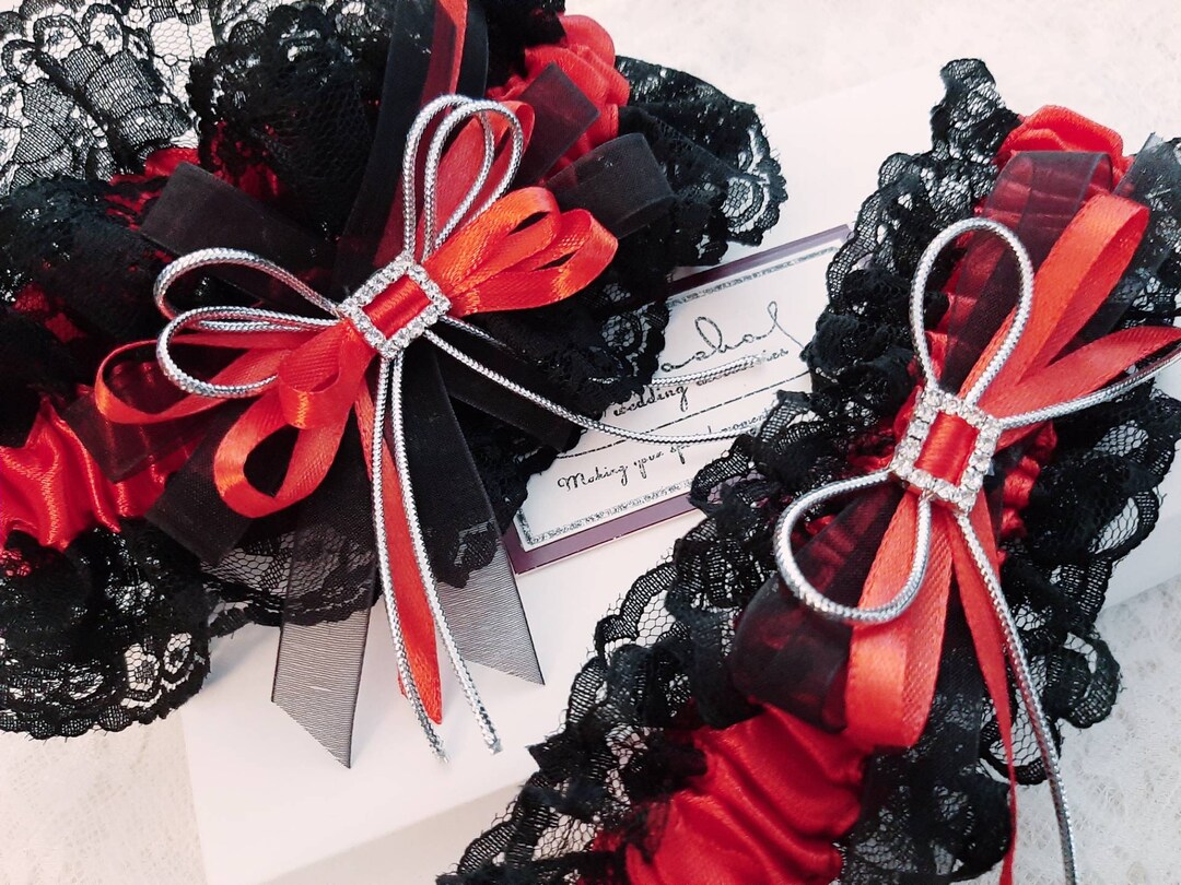 Black and Red Wedding Garter Set, Black Lace Bridal Garter Set, Garter ...