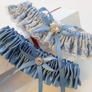 Wedding Garter, French Blue Bridal Garter Set, Dusty Blue Garter ...