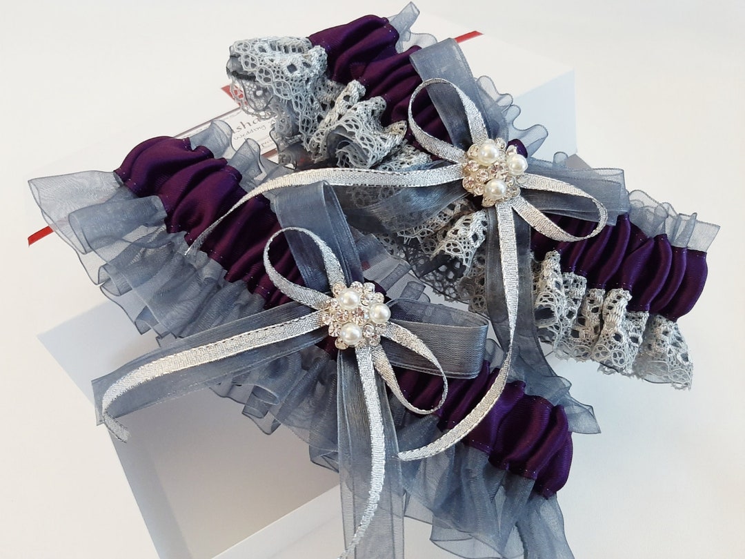 Plum Purple Wedding Garter Set, Silver Gray Garter Set, Bridal Garter ...
