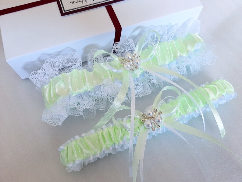 Light Green White Wedding Garter Set, Lace Bridal Garter Set, Handmade ...