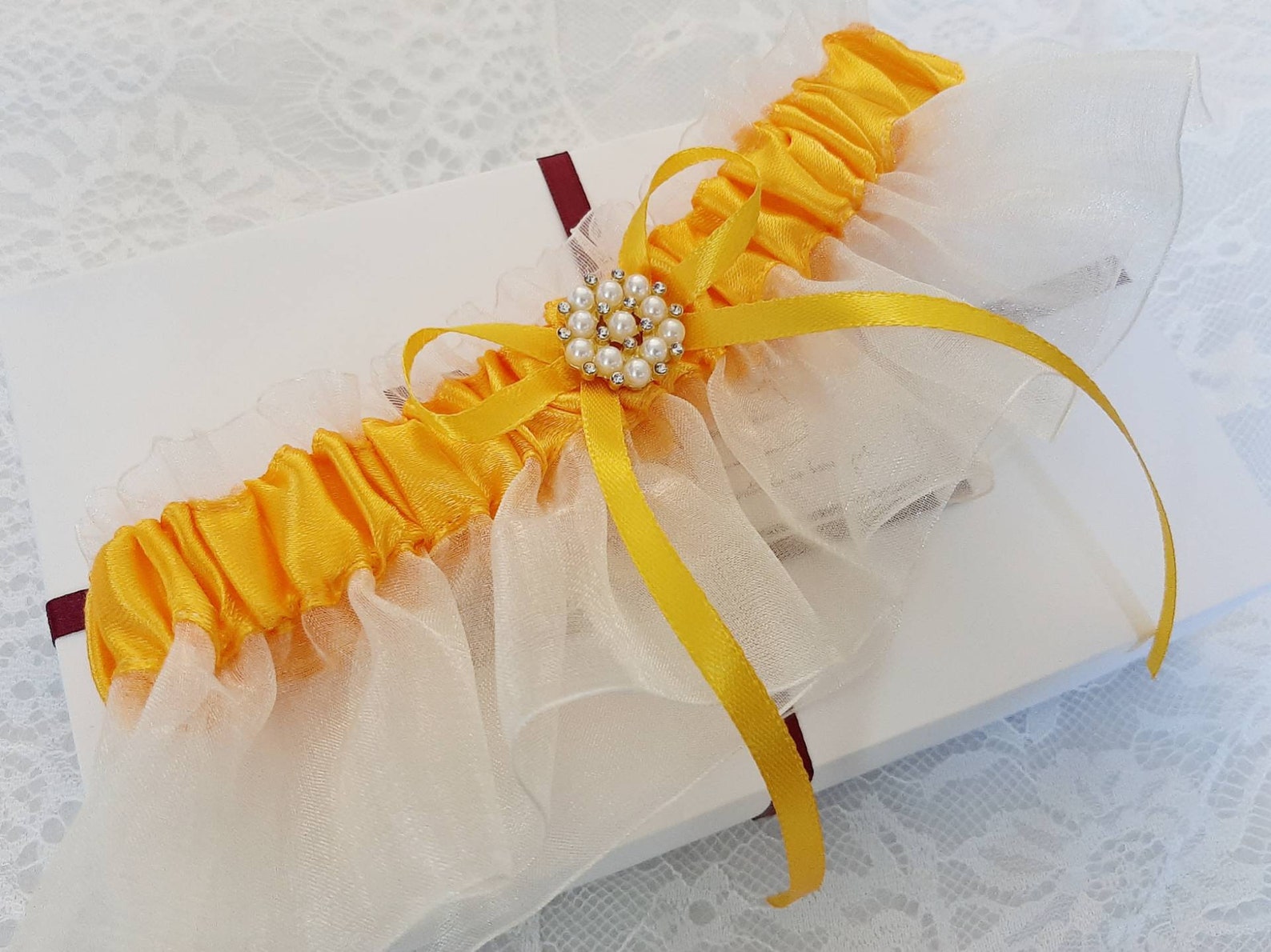 Golden Yellow Wedding Garter Set, Ivory Organza Bridal Garter Set ...