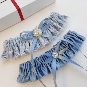 Wedding Garter, French Blue Bridal Garter Set, Dusty Blue Garter ...