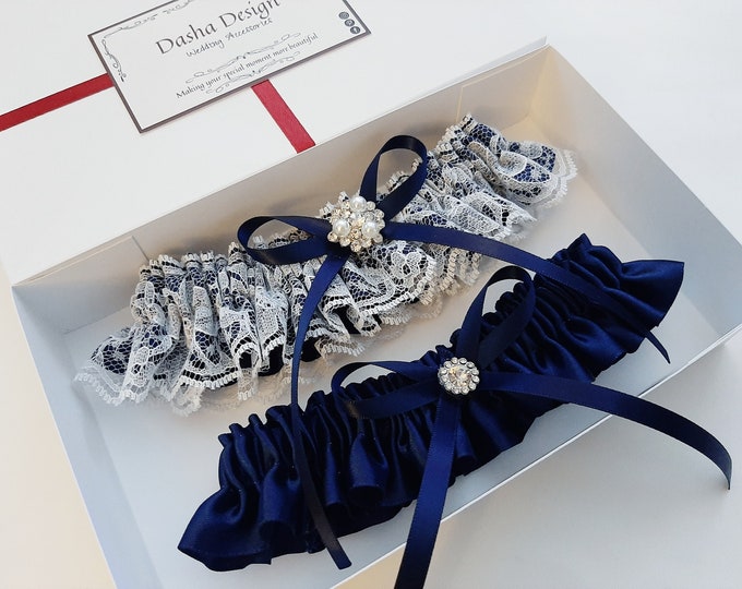 Navy Blue Satin Wedding Garter, Wedding Garter Set, Bridal Garter, Prom ...