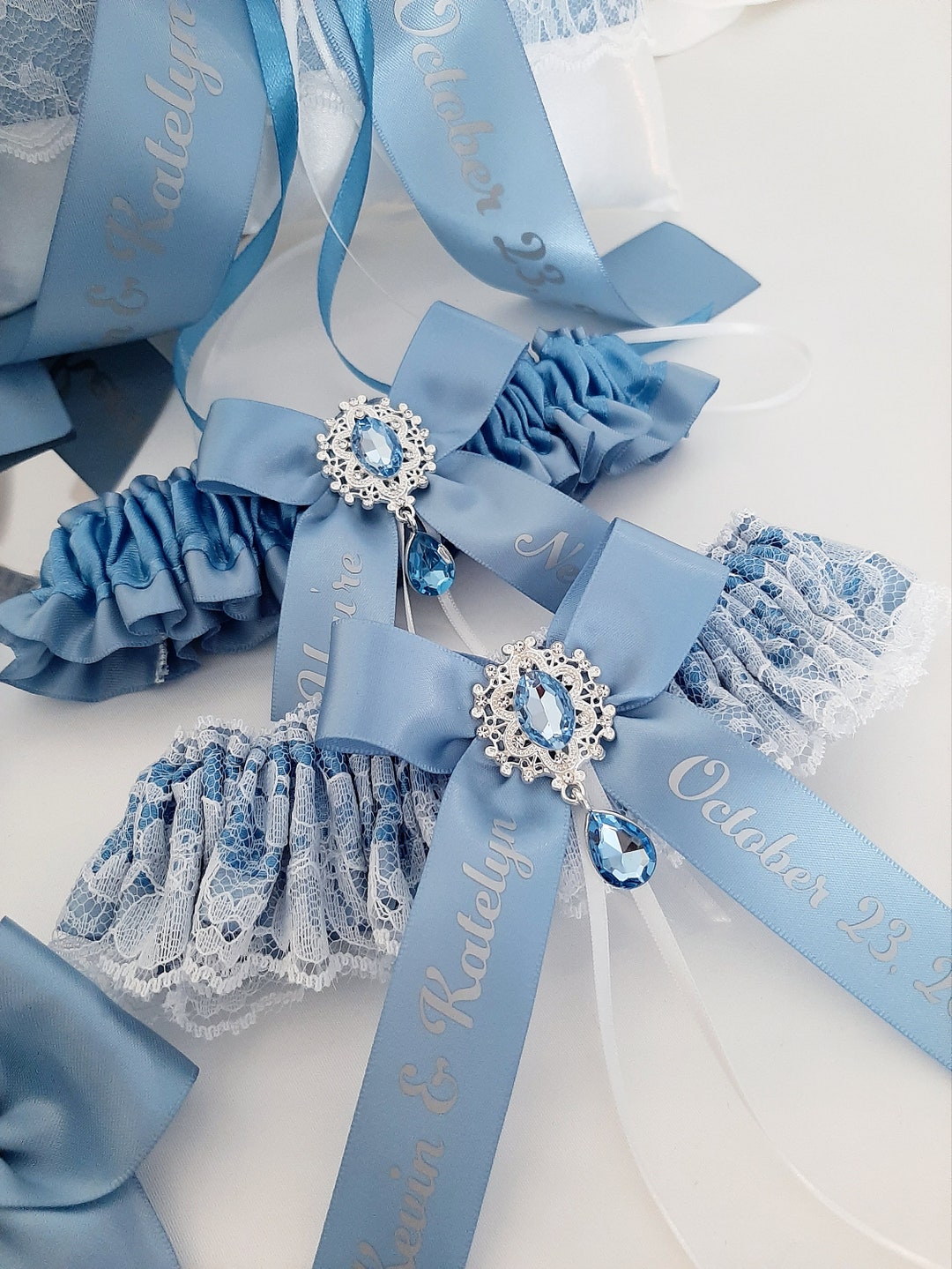Personalized Wedding Garter, French Blue Bridal Garter Set, Dusty Blue ...