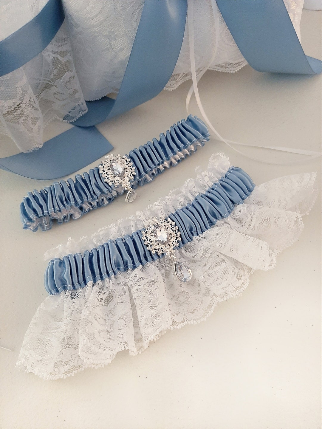 Wedding Garter, French Blue Bridal Garter Set, Dusty Blue Garter ...