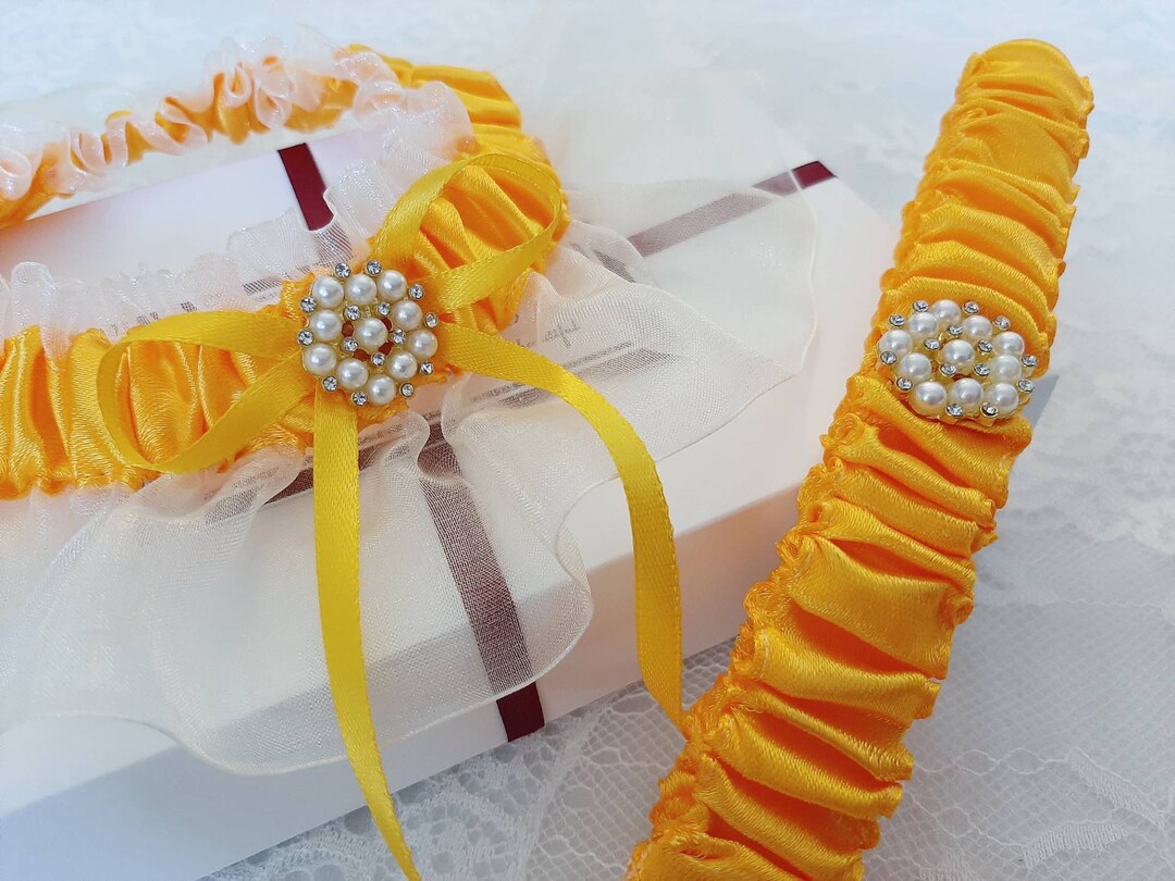Golden Yellow Wedding Garter Set, Ivory Organza Bridal Garter Set ...