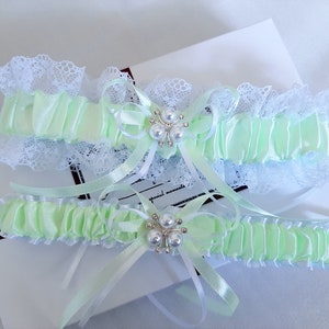 Light Green White Wedding Garter Set, Lace Bridal Garter Set, Handmade ...