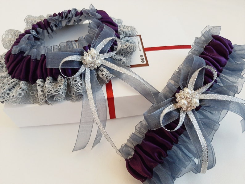 Plum Purple Wedding Garter Set Silver Gray Garter Set Bridal - Etsy