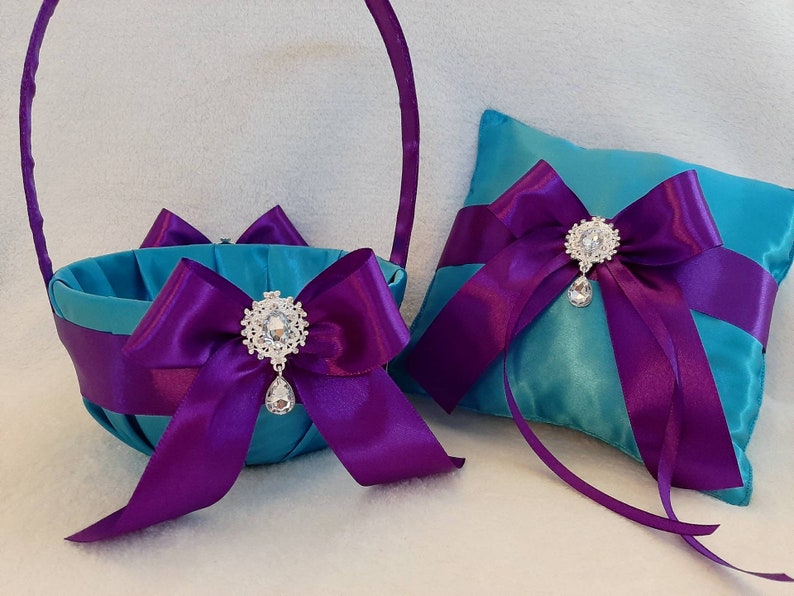Turquoise Purple Wedding Set Flower Girl Basket and Ring | Etsy