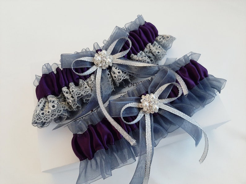 Plum Purple Wedding Garter Set Silver Gray Garter Set Bridal - Etsy