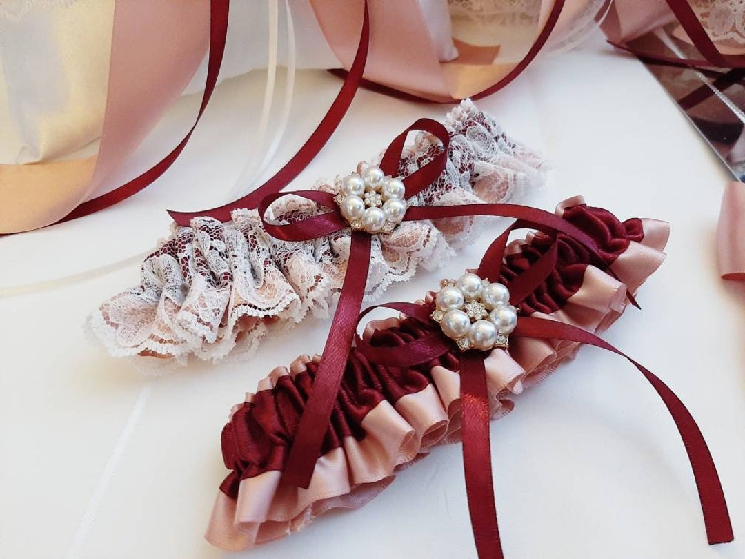 Burgundy Wedding Garter, Garter for Bride, Rose Gold Garter Set, Lace ...
