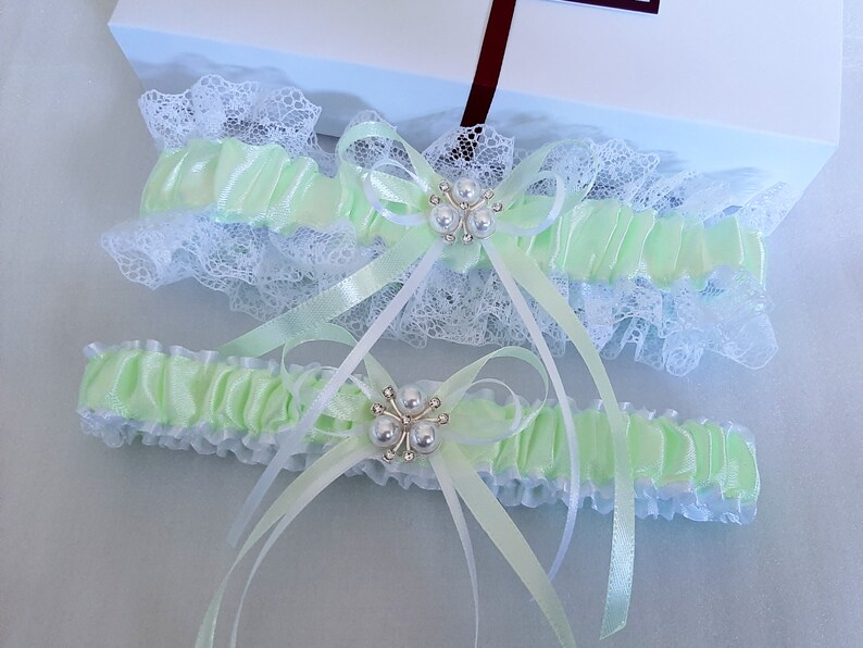 Light Green White Wedding Garter Set, Lace Bridal Garter Set, Handmade ...