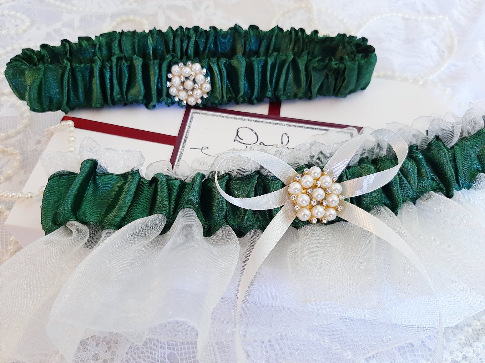 Emerald Dark Green Wedding Garter Set Ivory Organza Bridal | Etsy