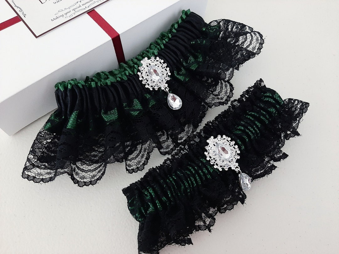 Black and Emerald Dark Green Wedding Garter Set, Bridal Garters for ...