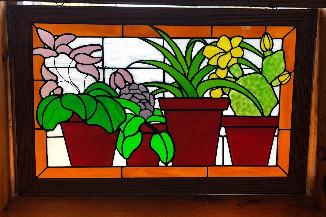 Potted Plants Stained Glass Window Panel, Floral Window Hanging ...