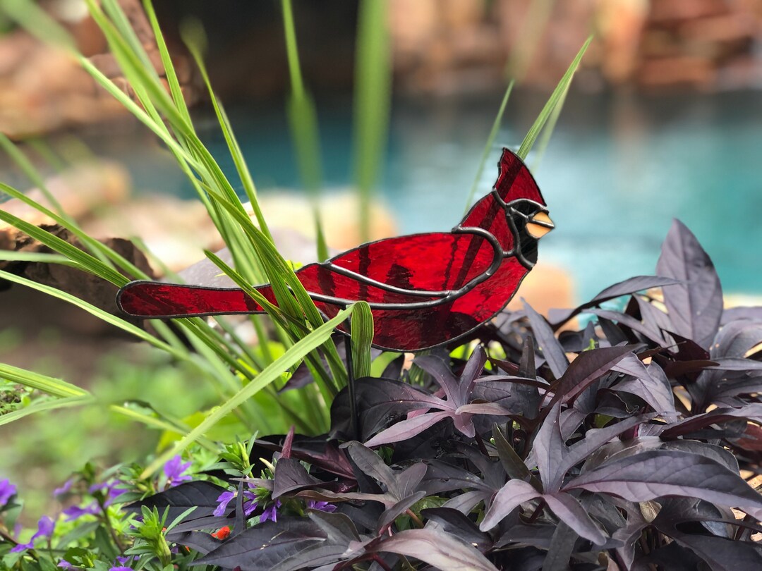 Stained Glass Cardinal Plant Stake, Garden Stakes, Bird Art, Garden Art ...