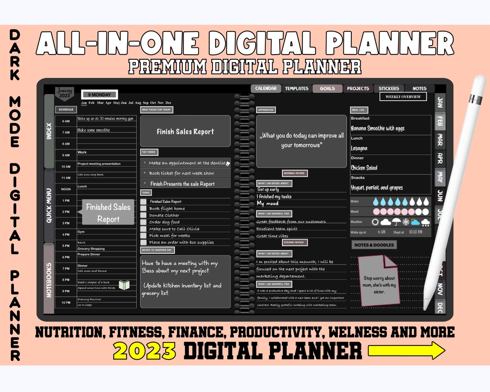 2023&2024 Black Digital Planner Dark Mode Planner - Etsy