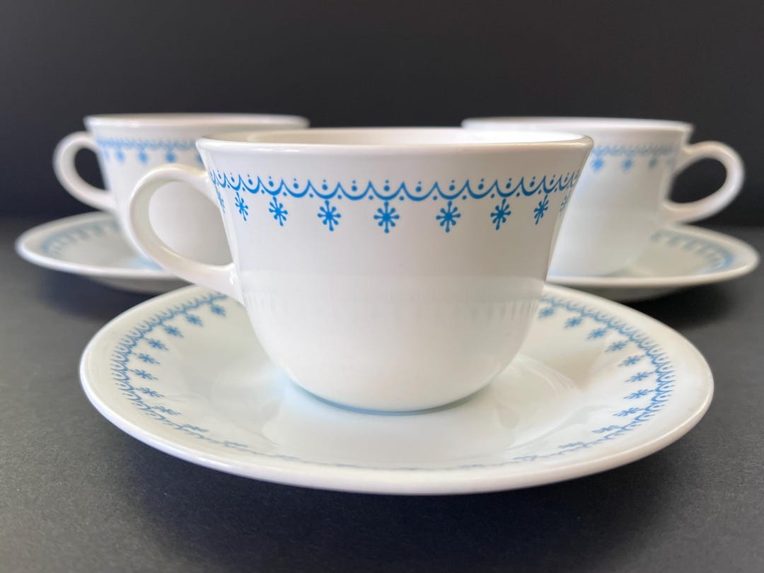 Vintage Corelle Snowflake Blue Garland Cup and Saucer Sets (set of 3 ...