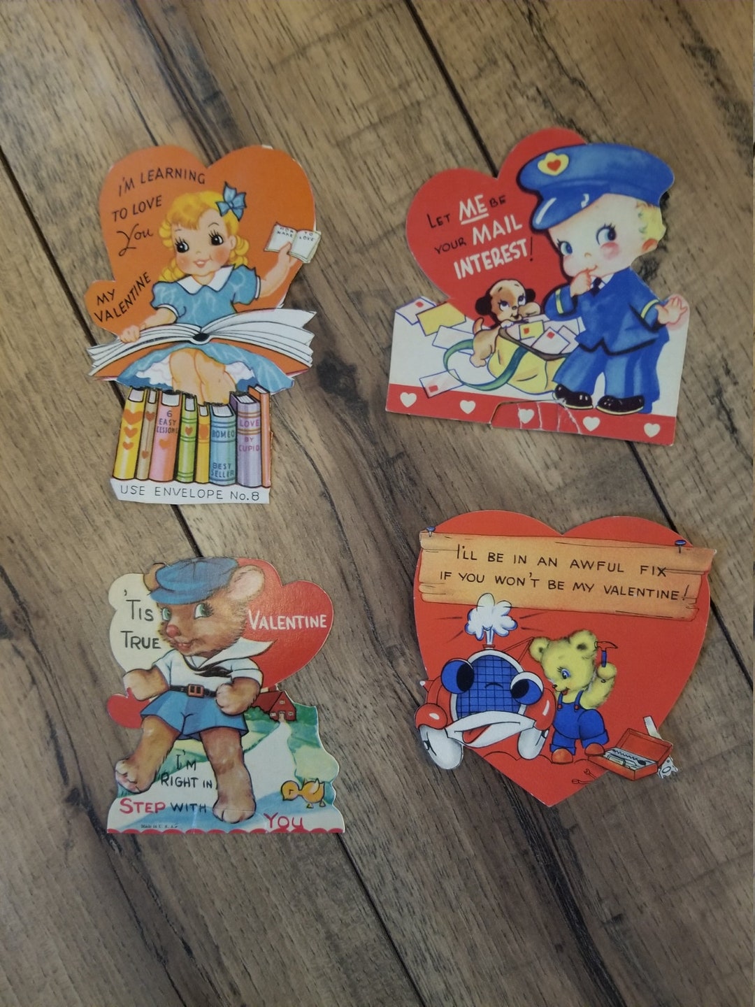 Vintage Valentine Cards Set of 4 Mailman, Girl With Books, Bear Fixin ...