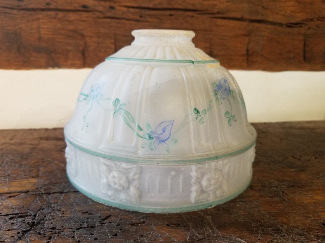 Vintage Frosted Hand-painted Glass Antique Lamp Shade With Blue Flowers ...