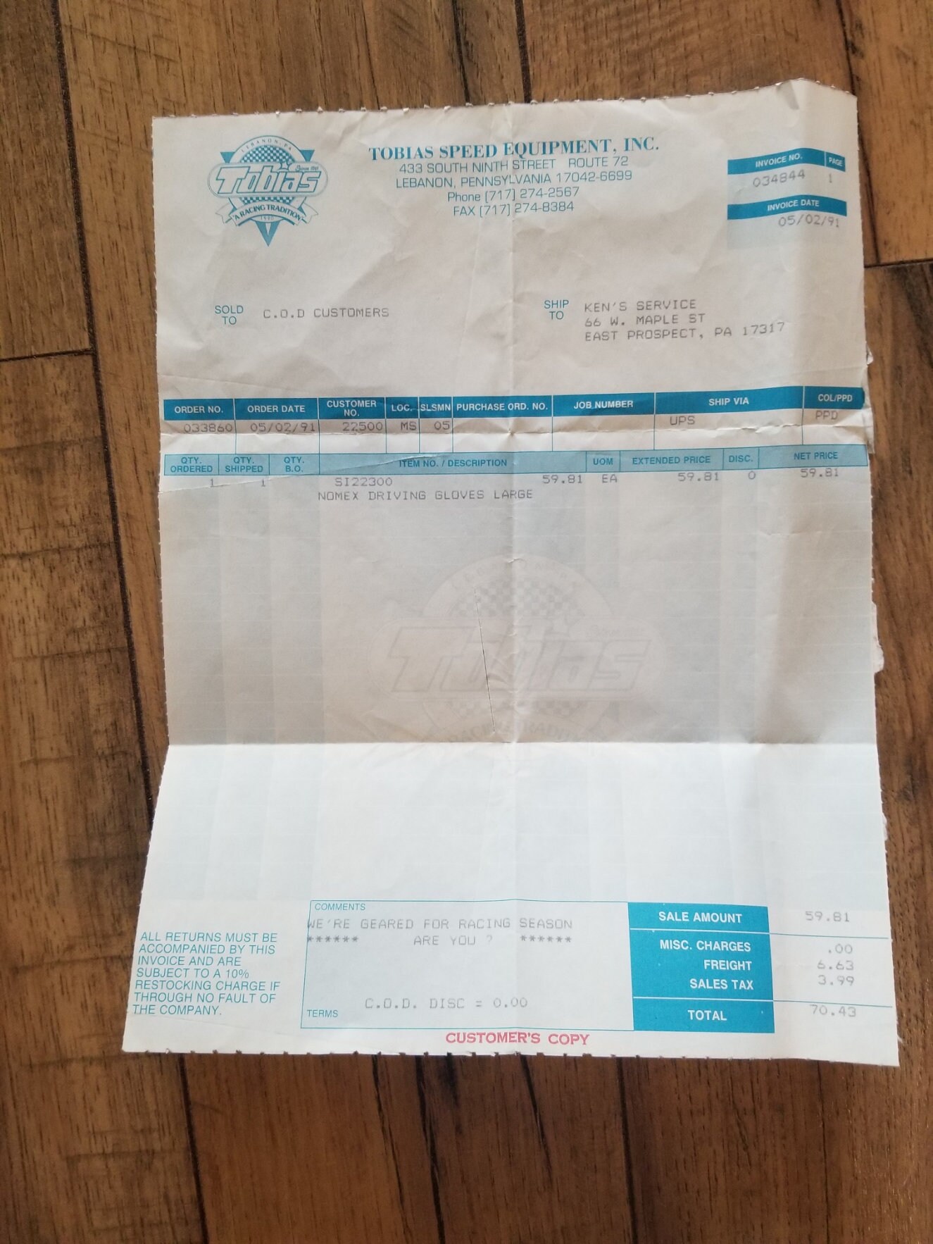 Vintage 1991 Tobias Speed Equipment Inc. Receipt Simpson - Etsy