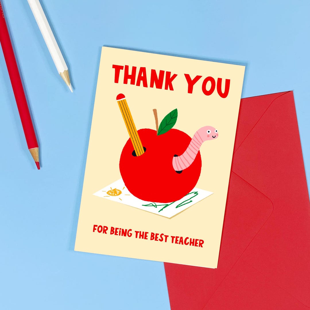 Funny Apple Worm Thank You Teacher Card - Etsy