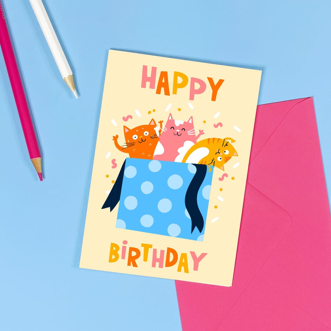 Cats Present Birthday Card - Funny - Cute - Animals - Cat - Illustrated ...