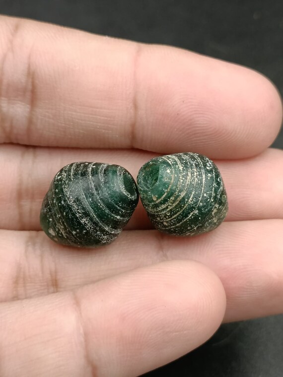 Ancient Pair Of PYU Spindle Whorl Green Glass Shell S… - Gem