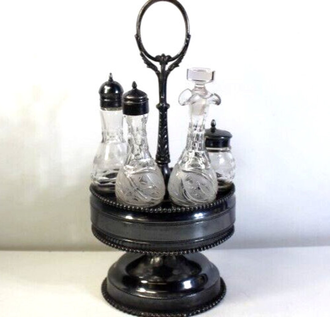 Silver Triple Plated Cruet Stand Condiment Castor 4 Bottle Set 1800s ...