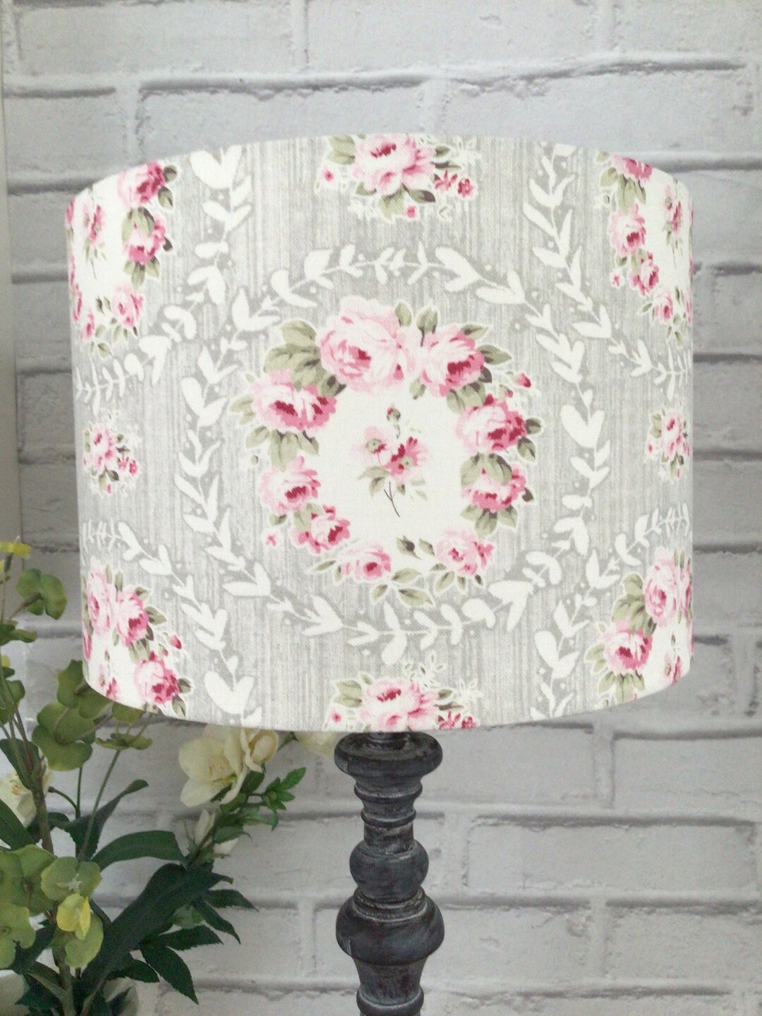 Pretty Linen Lampshade Made in Peony and Sage Mathilde Tuscany Grey ...
