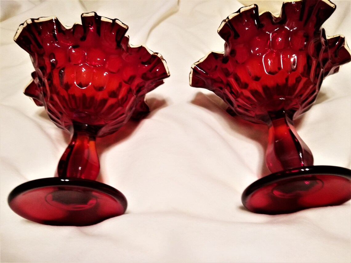 Vintage Ruby Red Fenton Thumb Print Ruffled Compote - Etsy