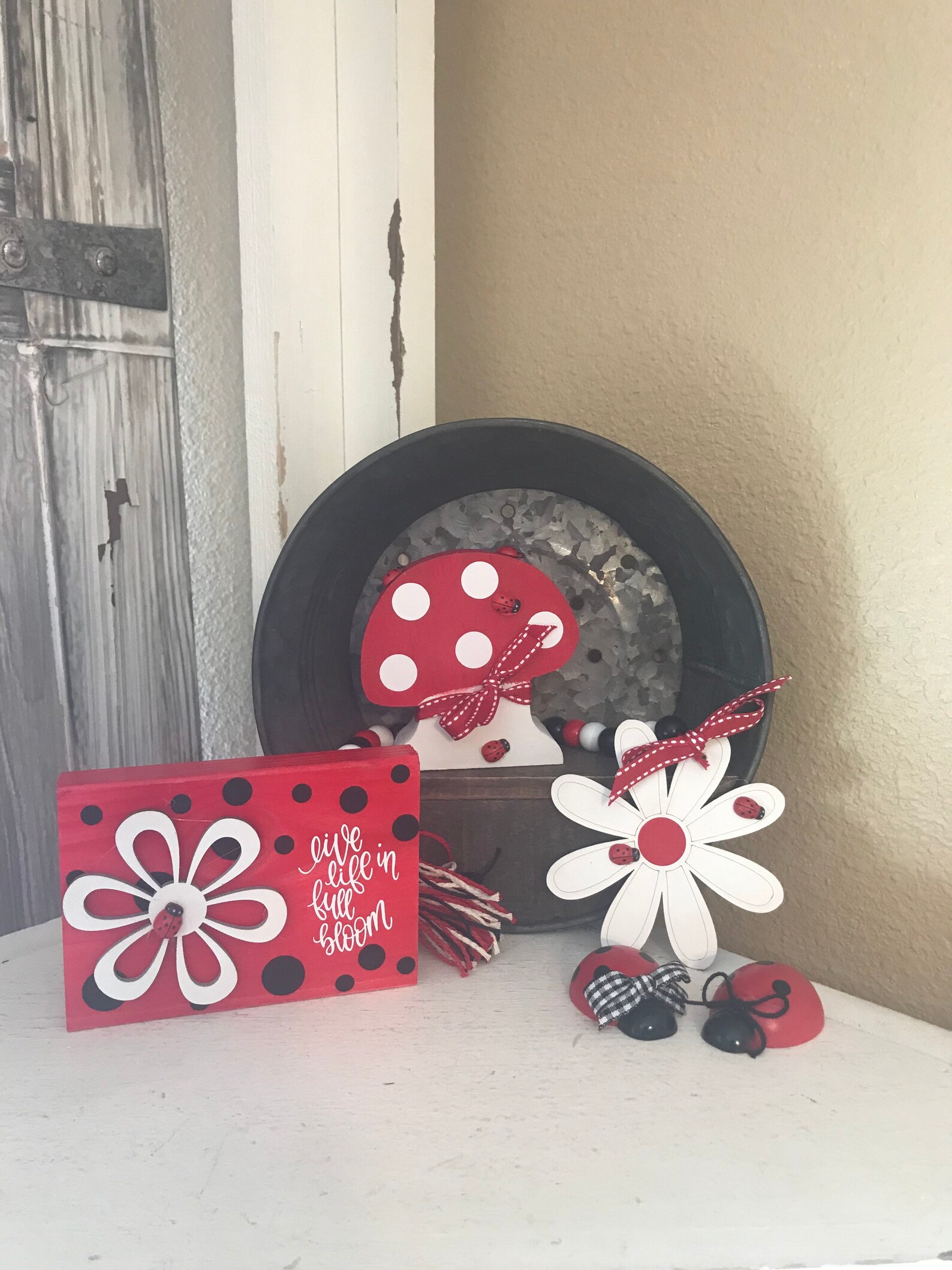 LADYBUG Mushroom Decor for Tier Tray or Summer Accent for Mantel Shelf ...