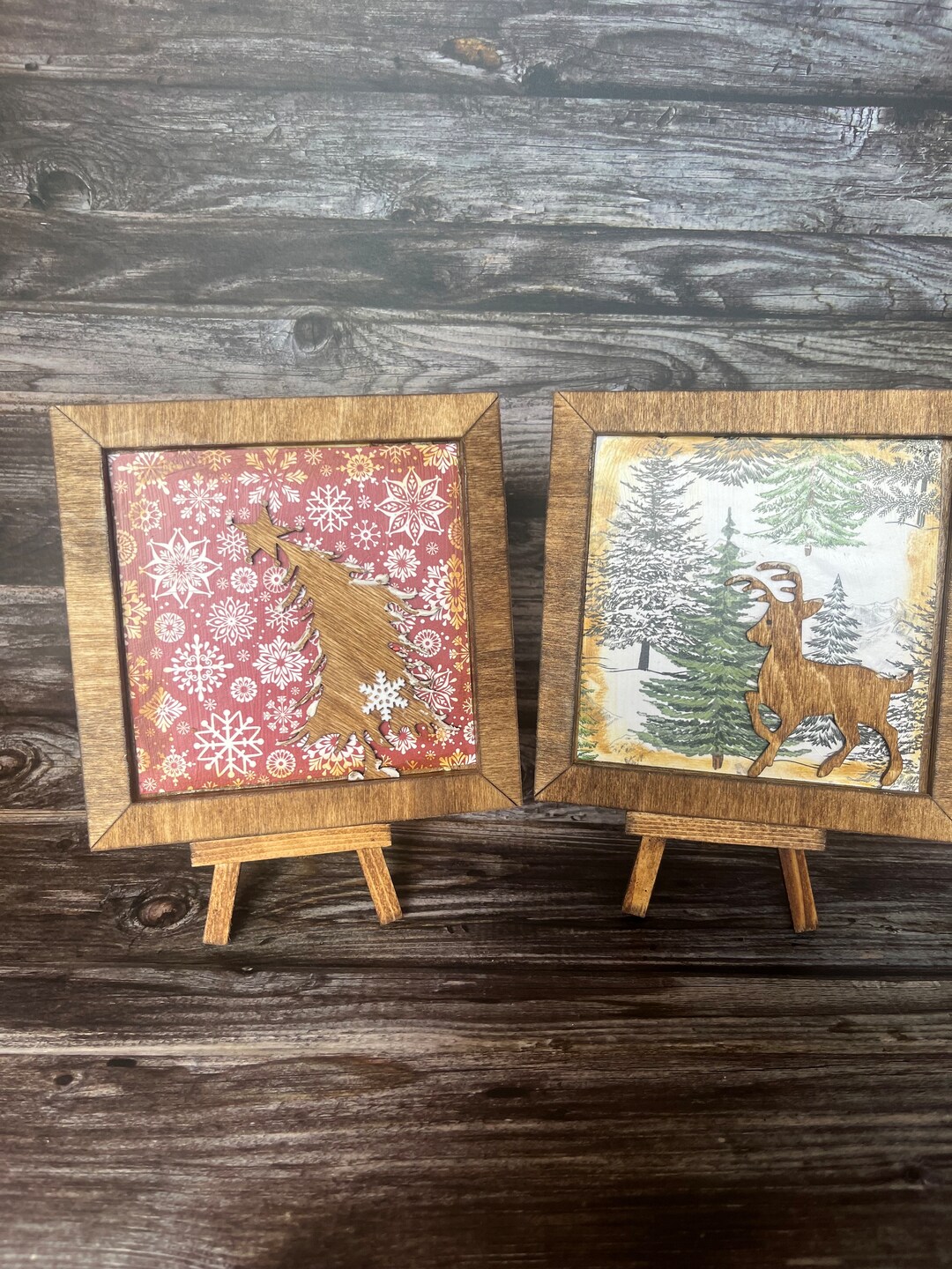 Snowy Winter Scene Wood Picture Decor - Deer Forest Artwork, Snowflake ...
