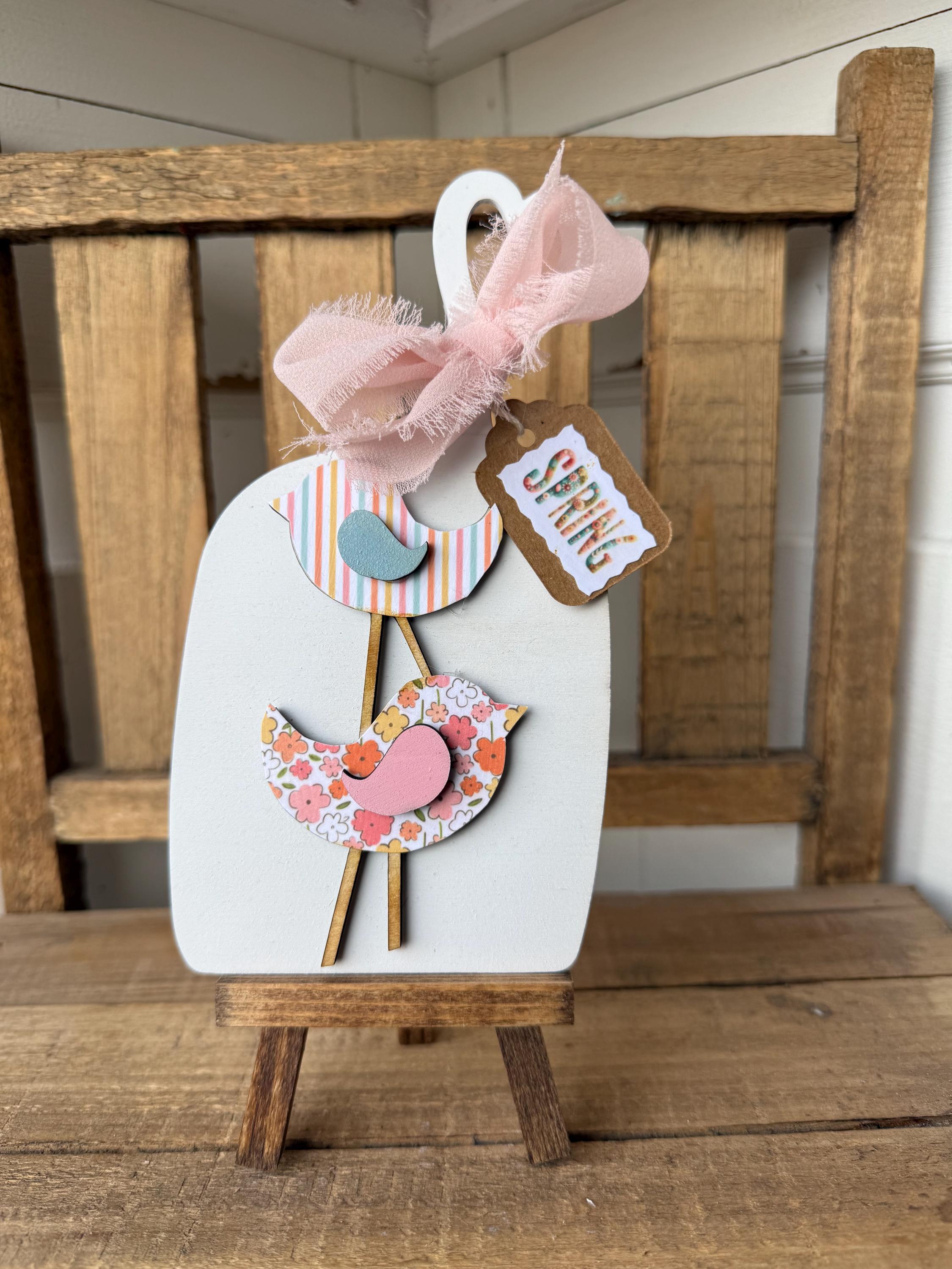 Spring Cottage Bird Decor Wooden Sign, Small Floral Birds Accent for ...