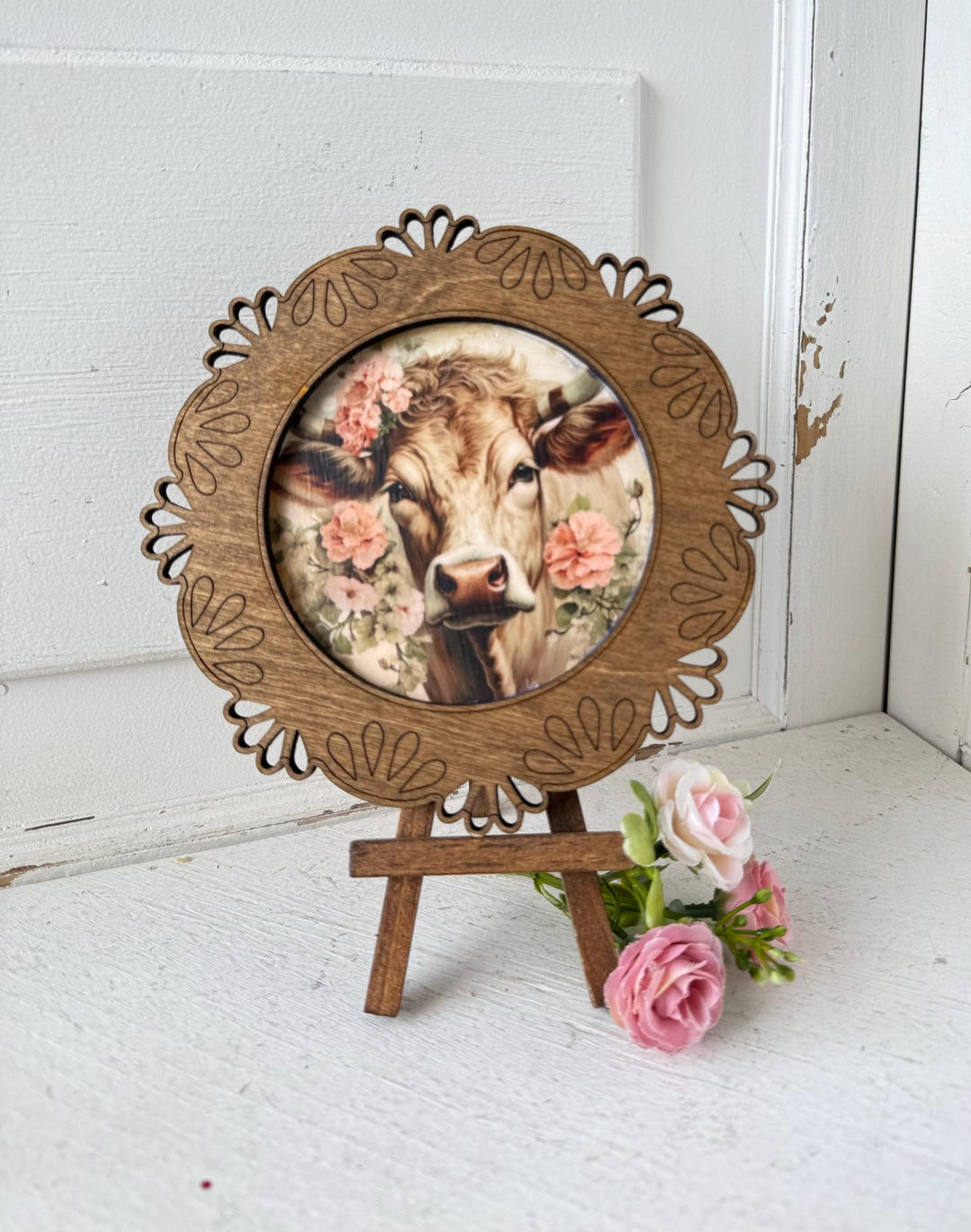 Shabby Cottage Cow Mini Framed Artwork Decor - Floral Country Home ...