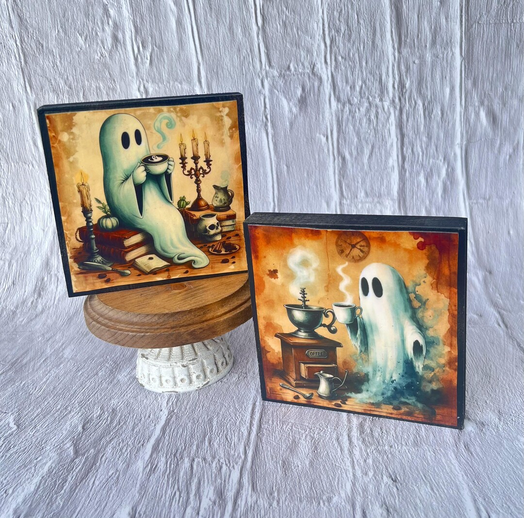 Spooky Ghost Coffee Signs Decor - Rustic Halloween Tier Tray Decoration ...