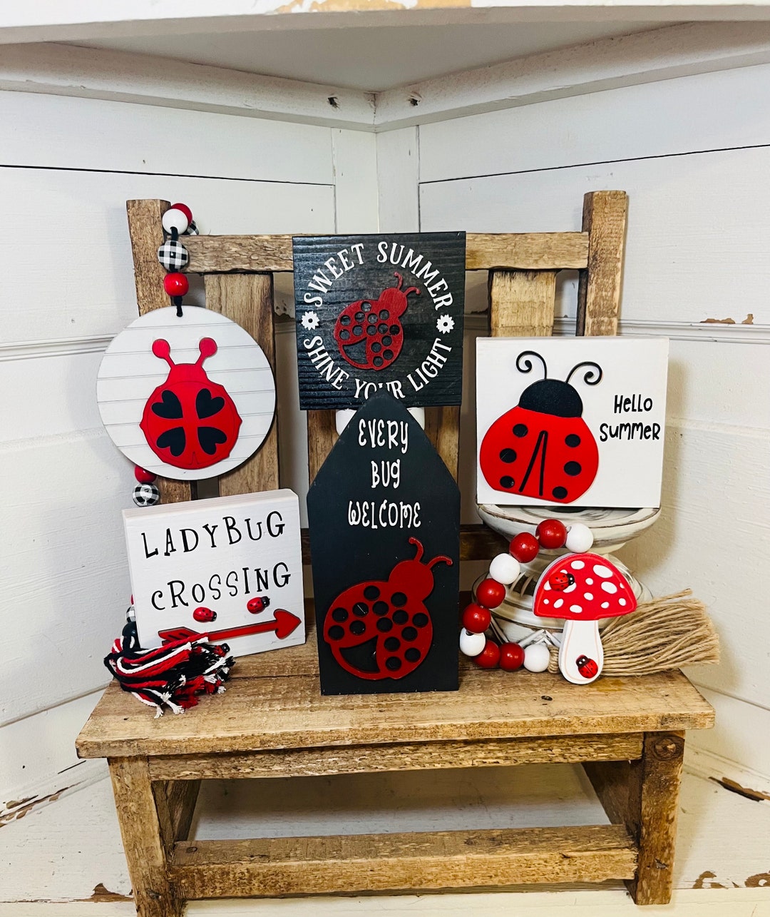Farmhouse Ladybug Tray Decor Including Beaded Garland, Mini Signs Great ...