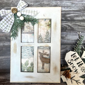 Rustic Deer Winter Window Picture Artwork Country Mantel Holiday Accent ...