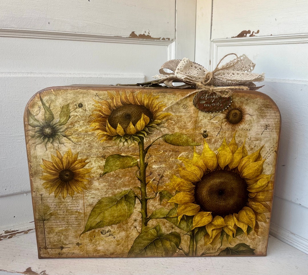 SUNFLOWER Decor Faux Rustic Suitcase | Great Gift Box or Mantel Shelf ...