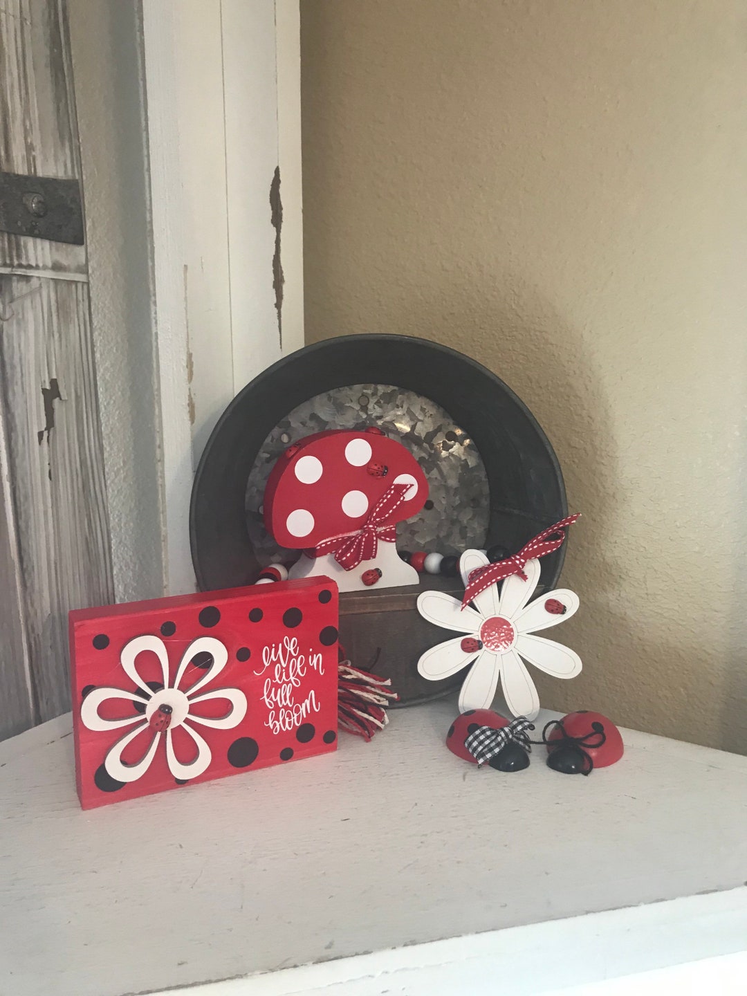 LADYBUG Mushroom Decor for Tier Tray or Summer Accent for Mantel Shelf ...