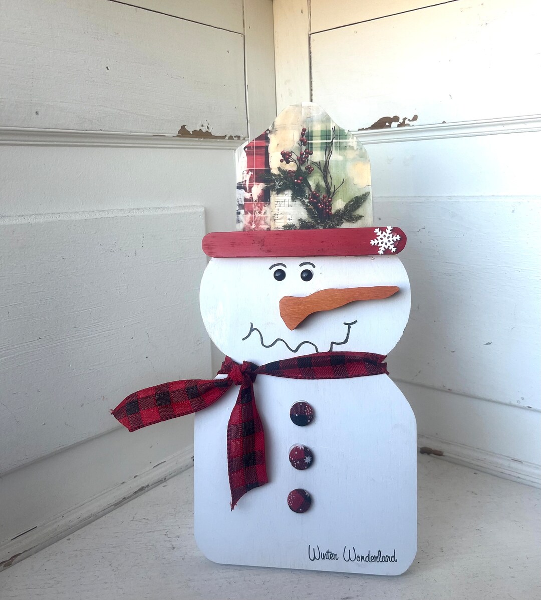 Rustic Wood Snowman in Buffalo Plaid for Mantel Shelf or Table ...