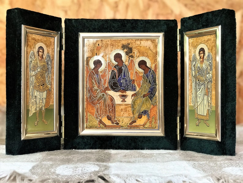 Icon holy Trinity icon of Andrei Rublev. Triptych Icon in Velvet. Home Decoration. Christian ...